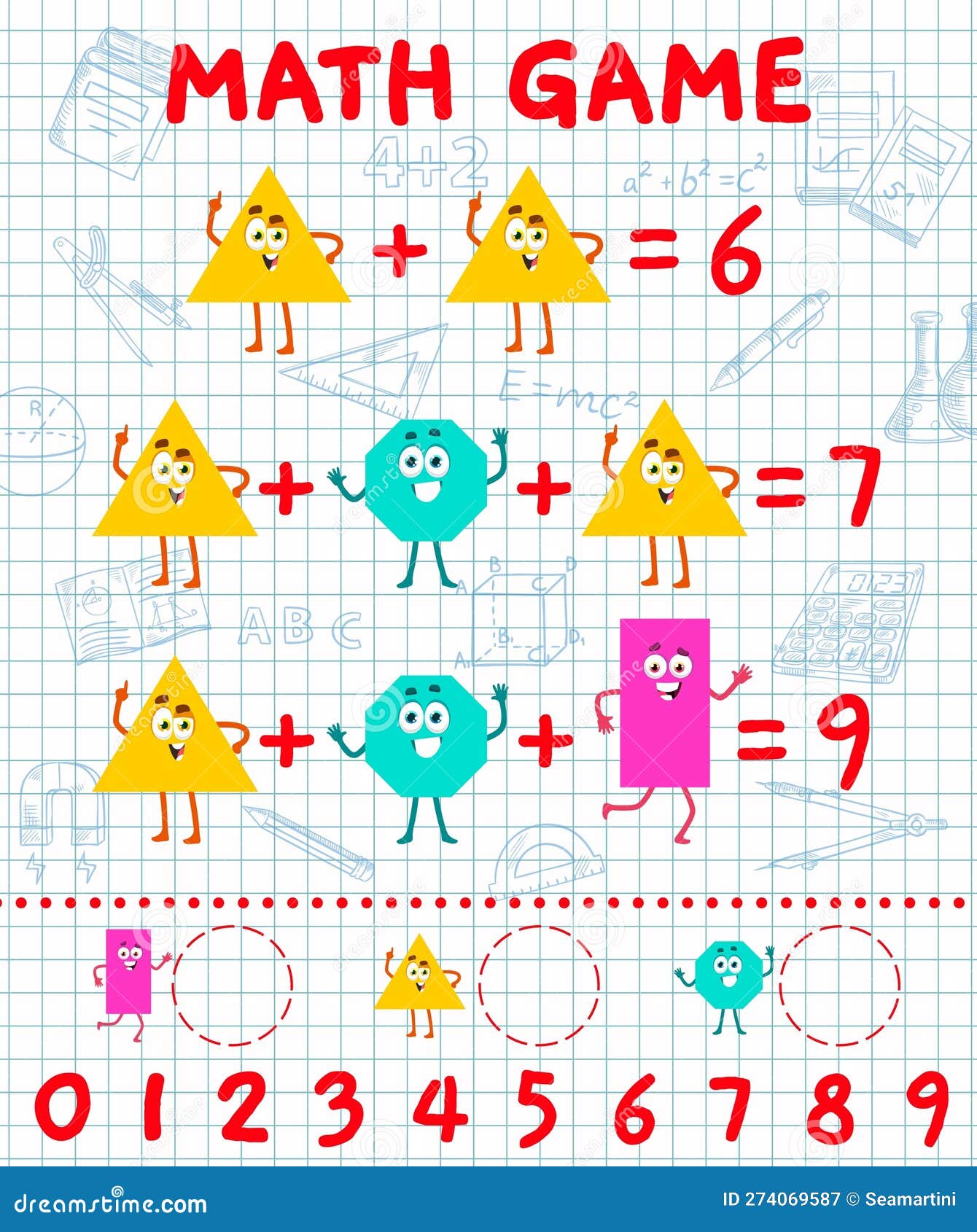 Addition Math Game with Cartoon Shape Characters Stock Vector ...