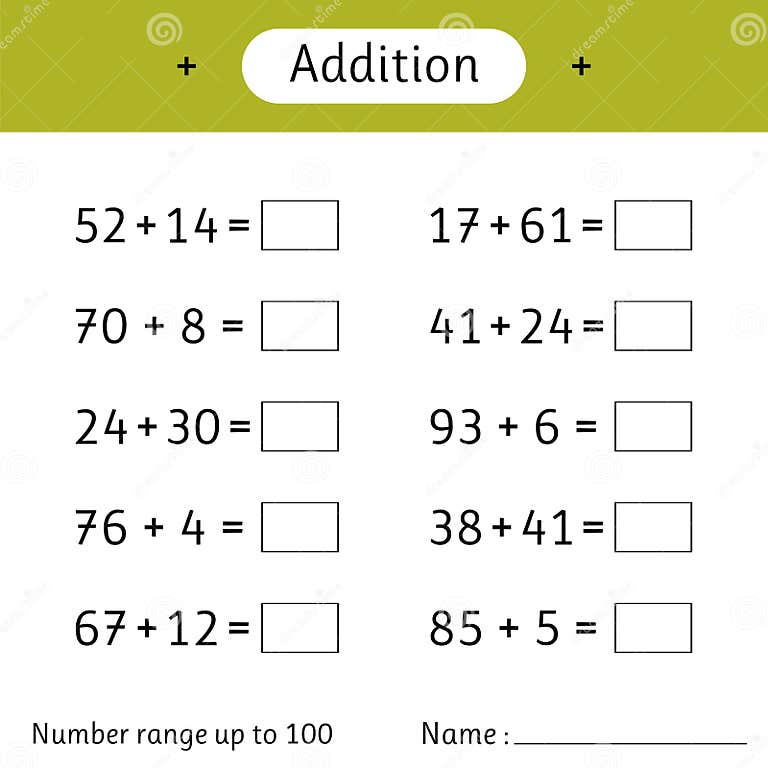 Addition. Number Range Up To 100. Math Worksheet for Kids. Solve ...
