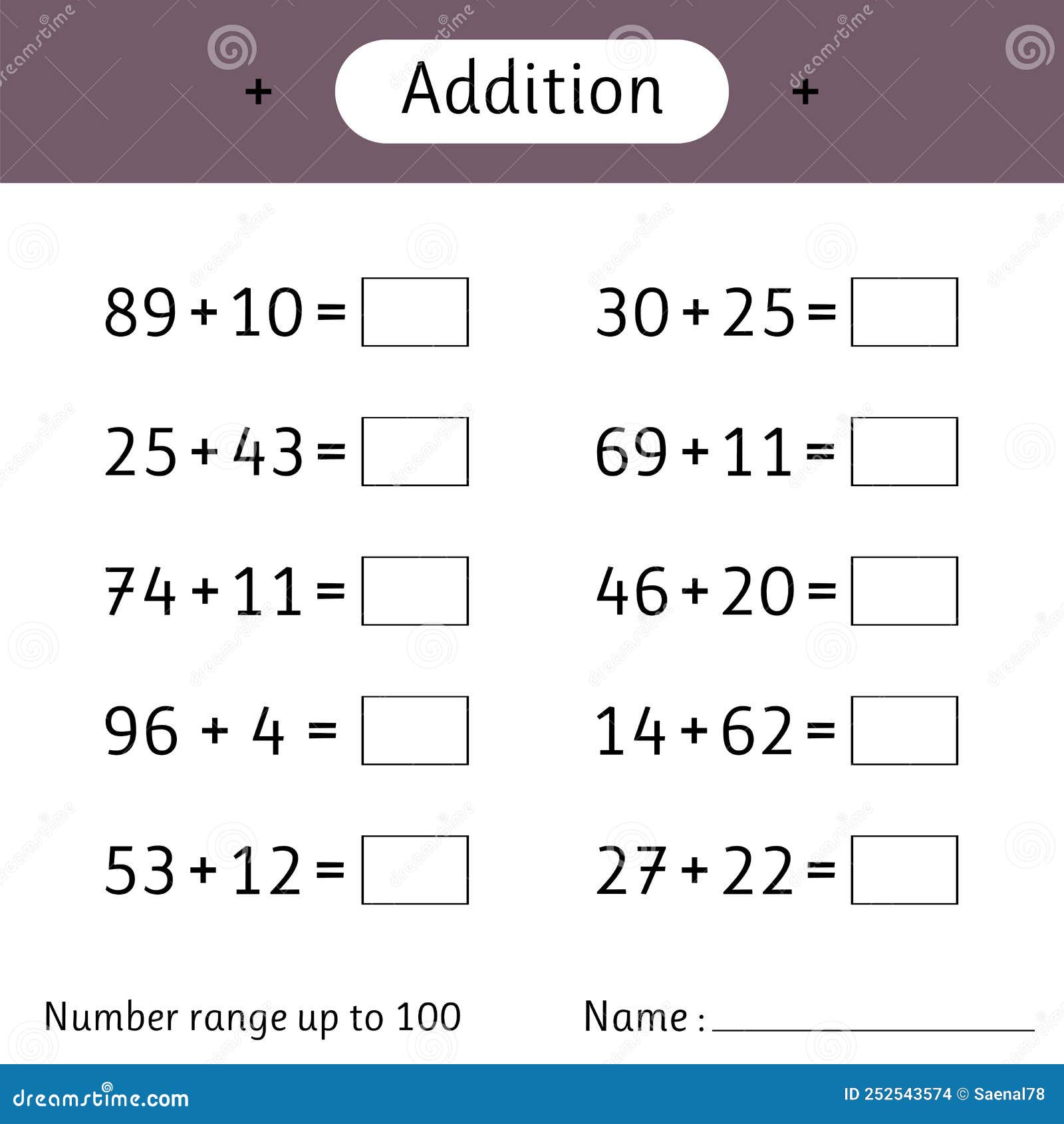 Addition. Number Range Up To 100. Math Worksheet For Kids. Solve ...