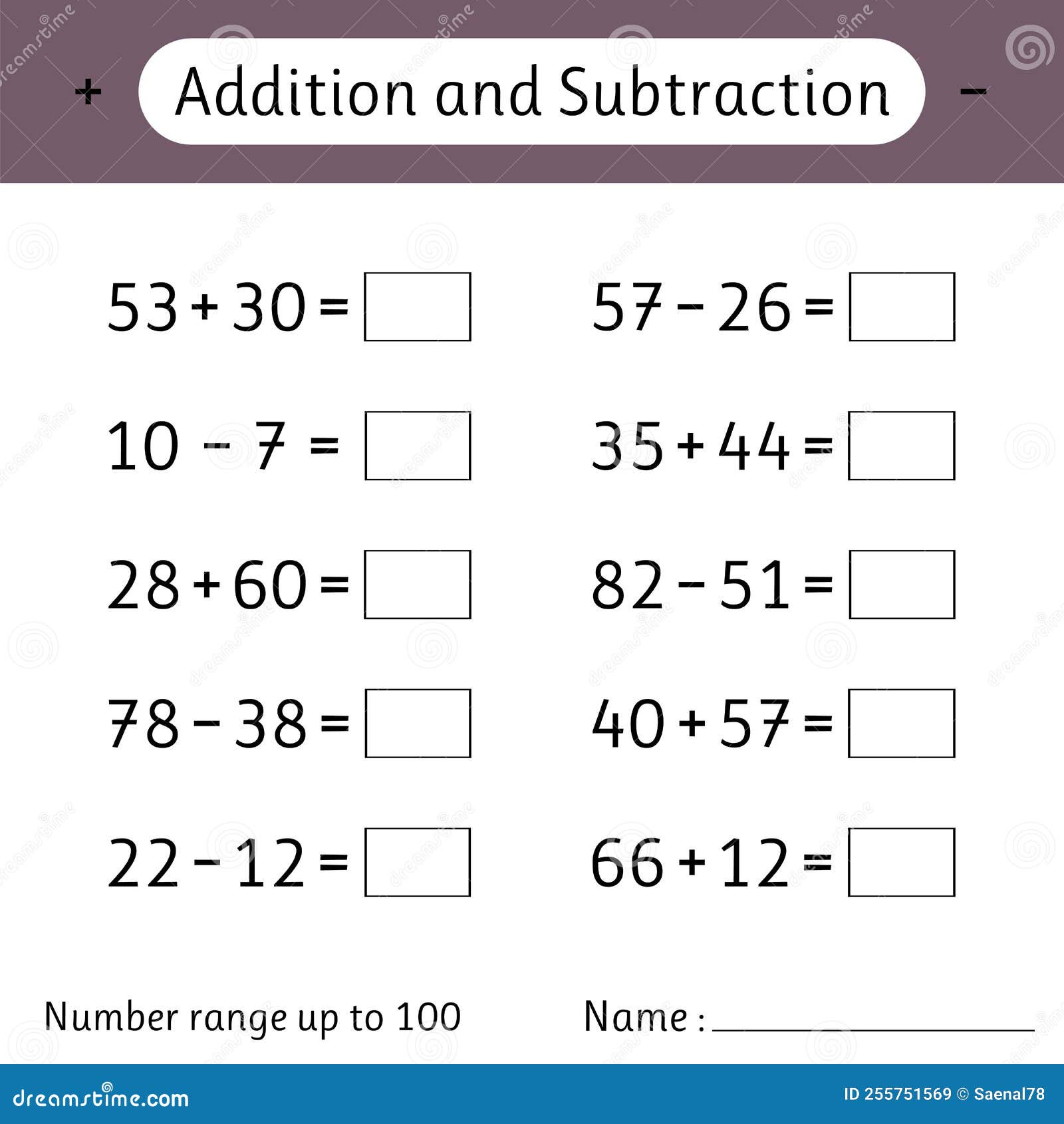 Addition and Subtraction. Number Range Up To 100. Math Worksheet for ...