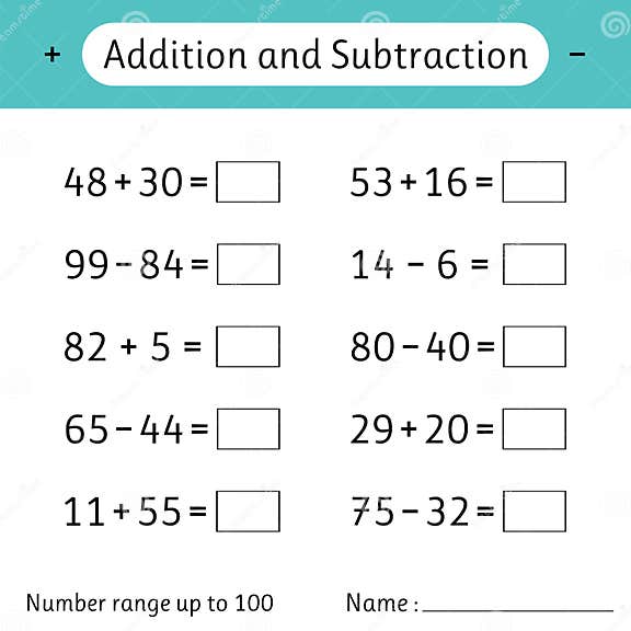Addition and Subtraction. Number Range Up To 100. Math Worksheet for ...