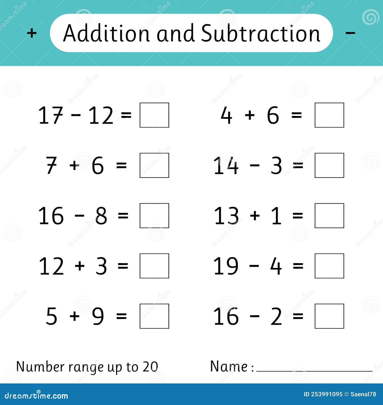 Addition and Subtraction. Number Range Up To 20. Math Worksheet for ... Addition and Subtraction. Number Range Up To 20. Math Worksheet for ...