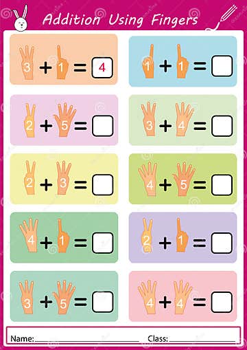 Addition Using Fingers, Math Worksheet for Kids Stock Illustration ...