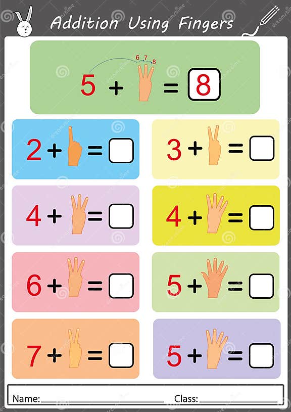 Addition Using Fingers, Math Worksheet Stock Vector - Illustration of ...