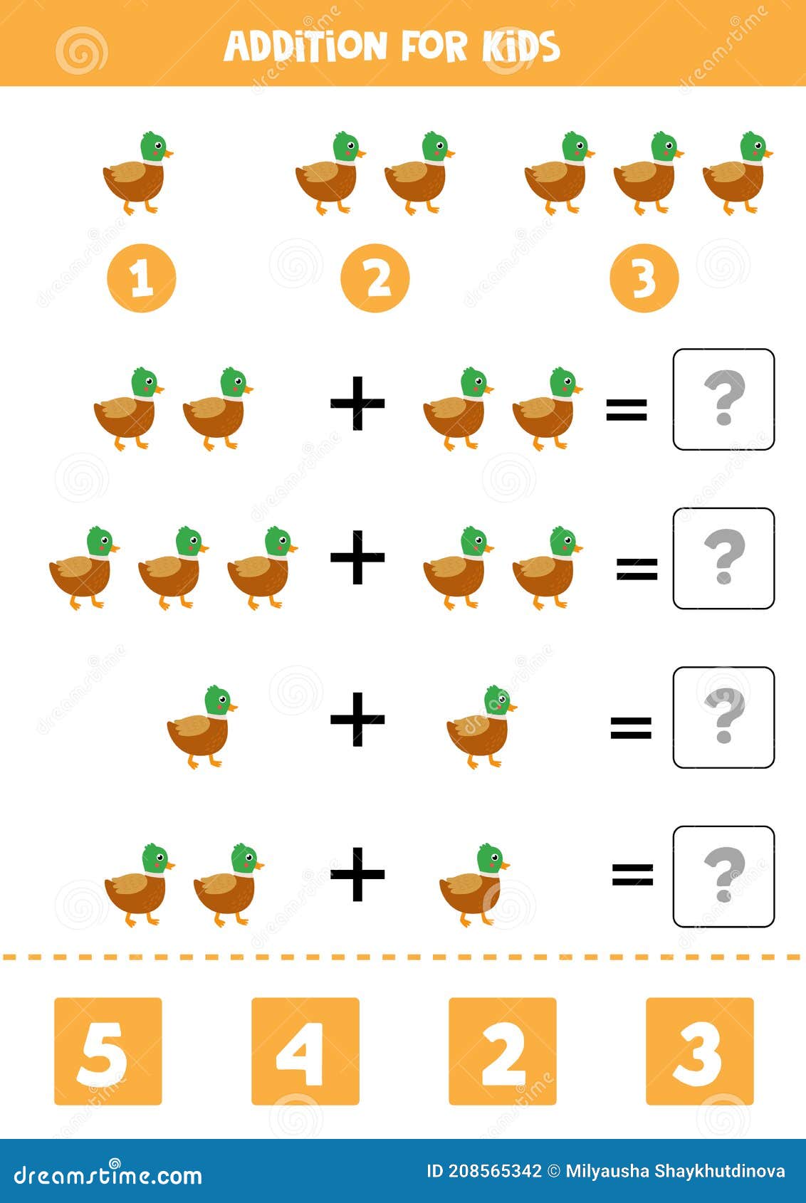 Addition Worksheet with Cartoon Duck. Math Game. Stock Vector ...