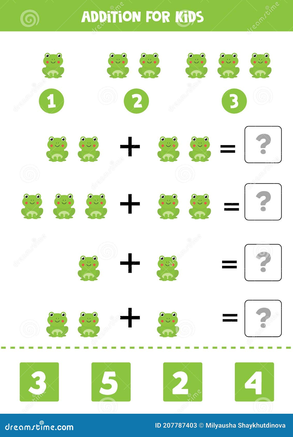 Addition Worksheet with Cartoon Frog. Math Game. Stock Vector ...
