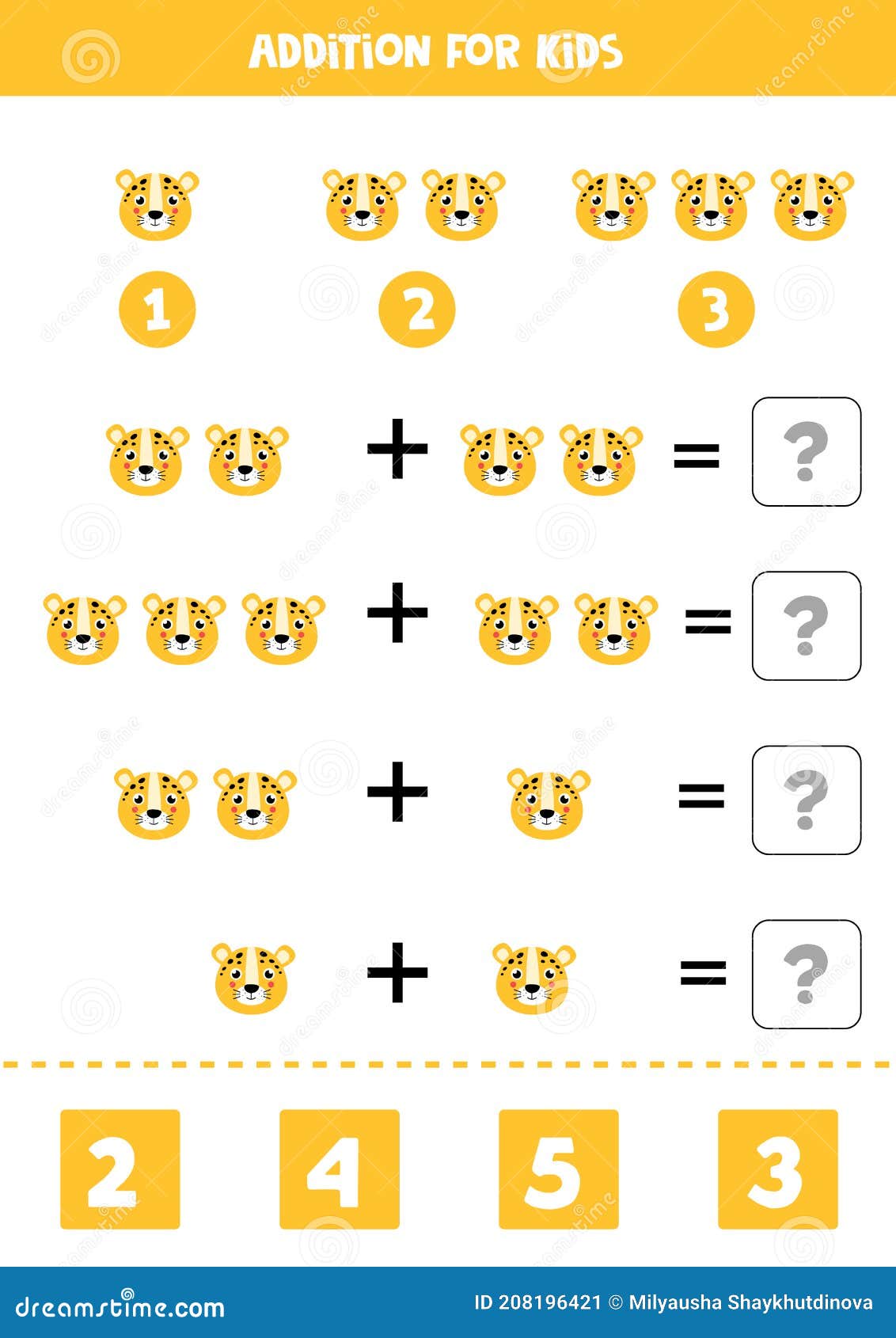 Addition Worksheet with Cartoon Leopard Face. Math Game. Stock Vector ...