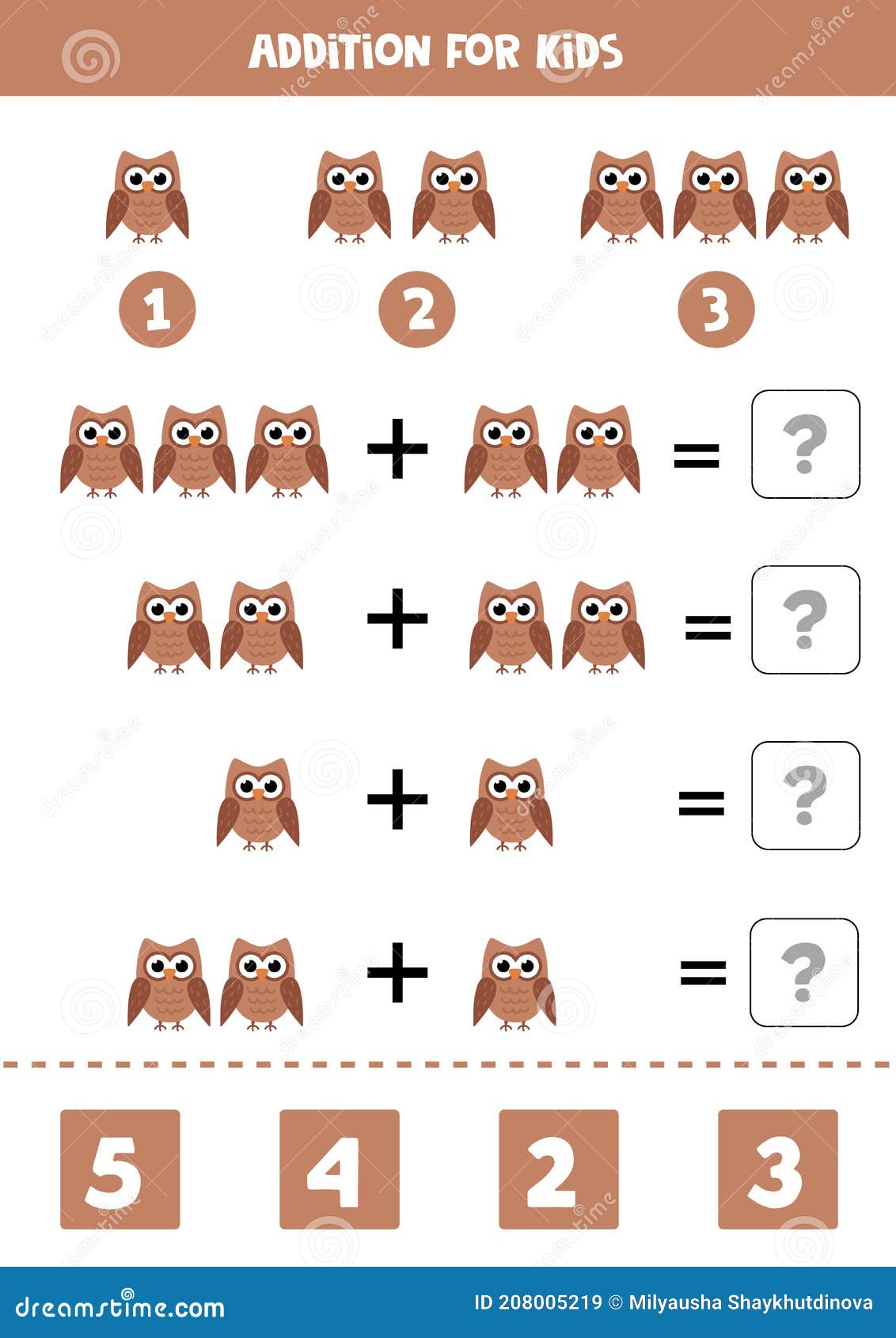 Addition Worksheet with Cartoon Owl. Math Game. Stock Vector ...