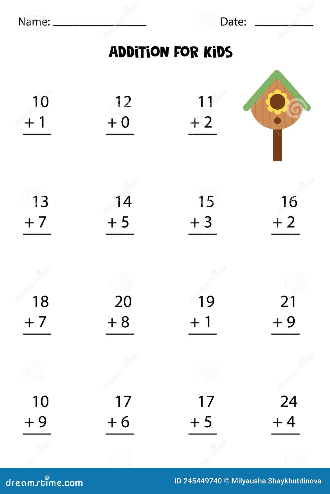 Addition Worksheet with Cute Birdhouse. Math Game. Stock Vector ...