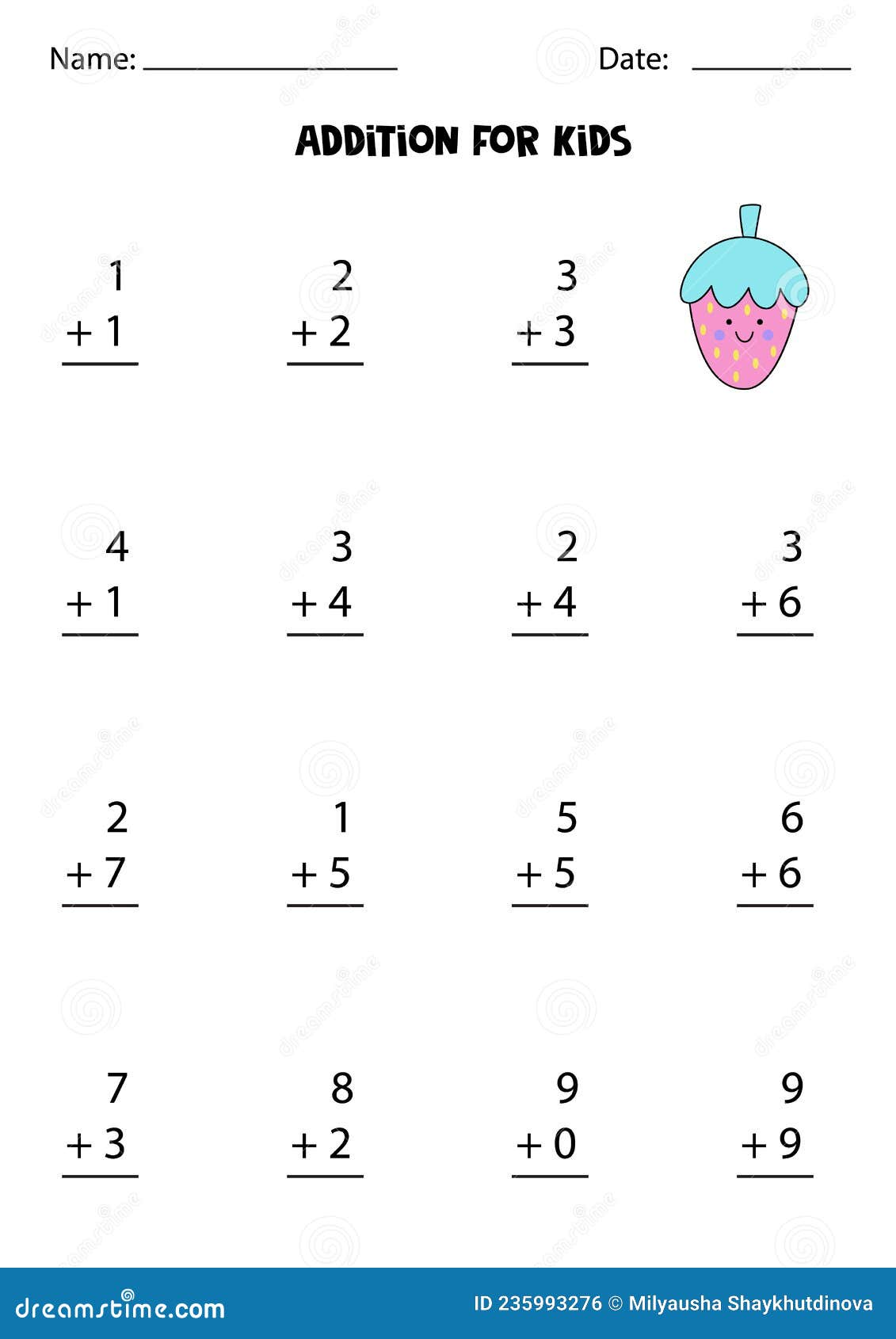 Addition Worksheet with Cute Kawaii Strawberry. Math Game. Stock Vector ...