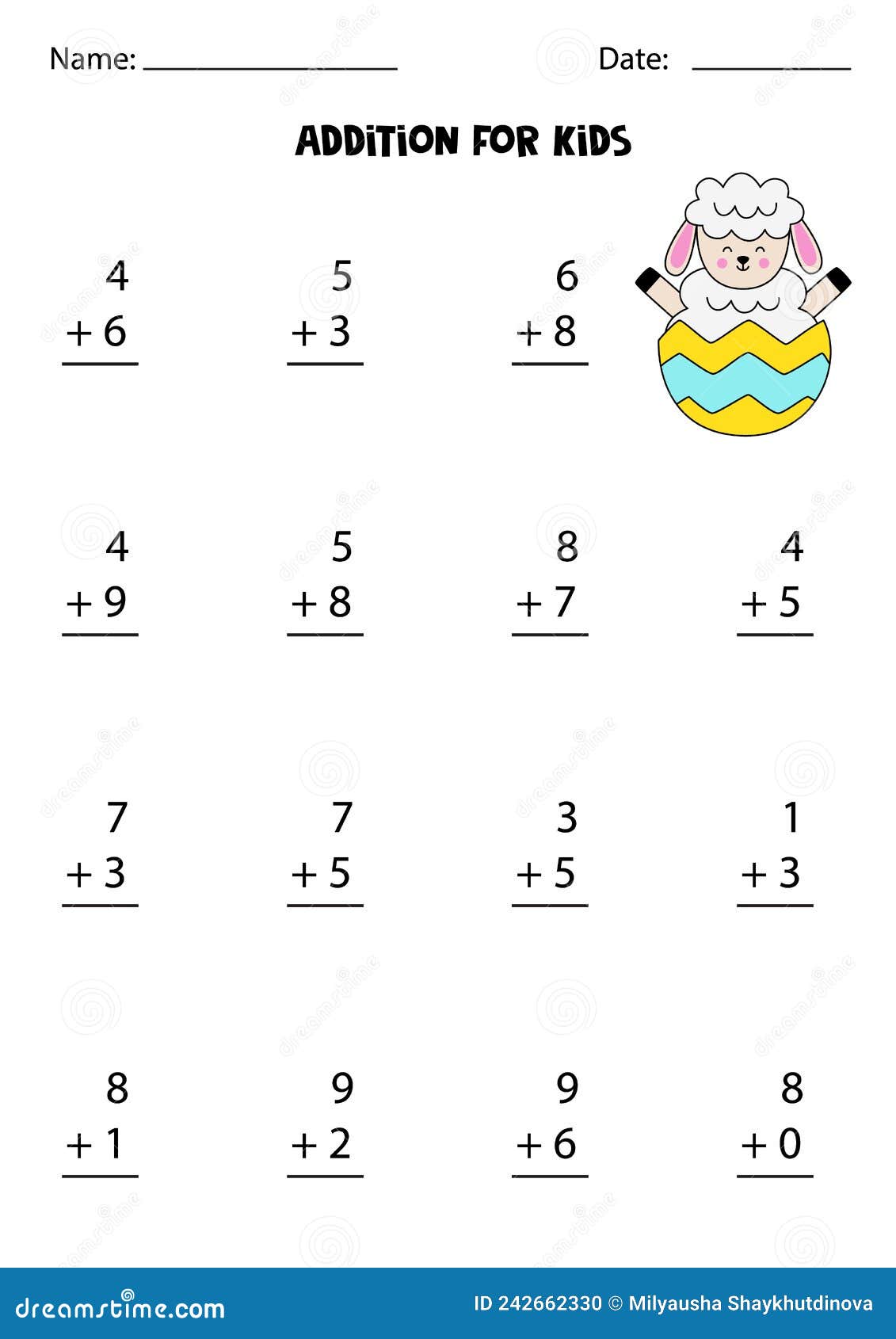 Addition Worksheet with Cute Sheep. Math Game. Stock Vector ...