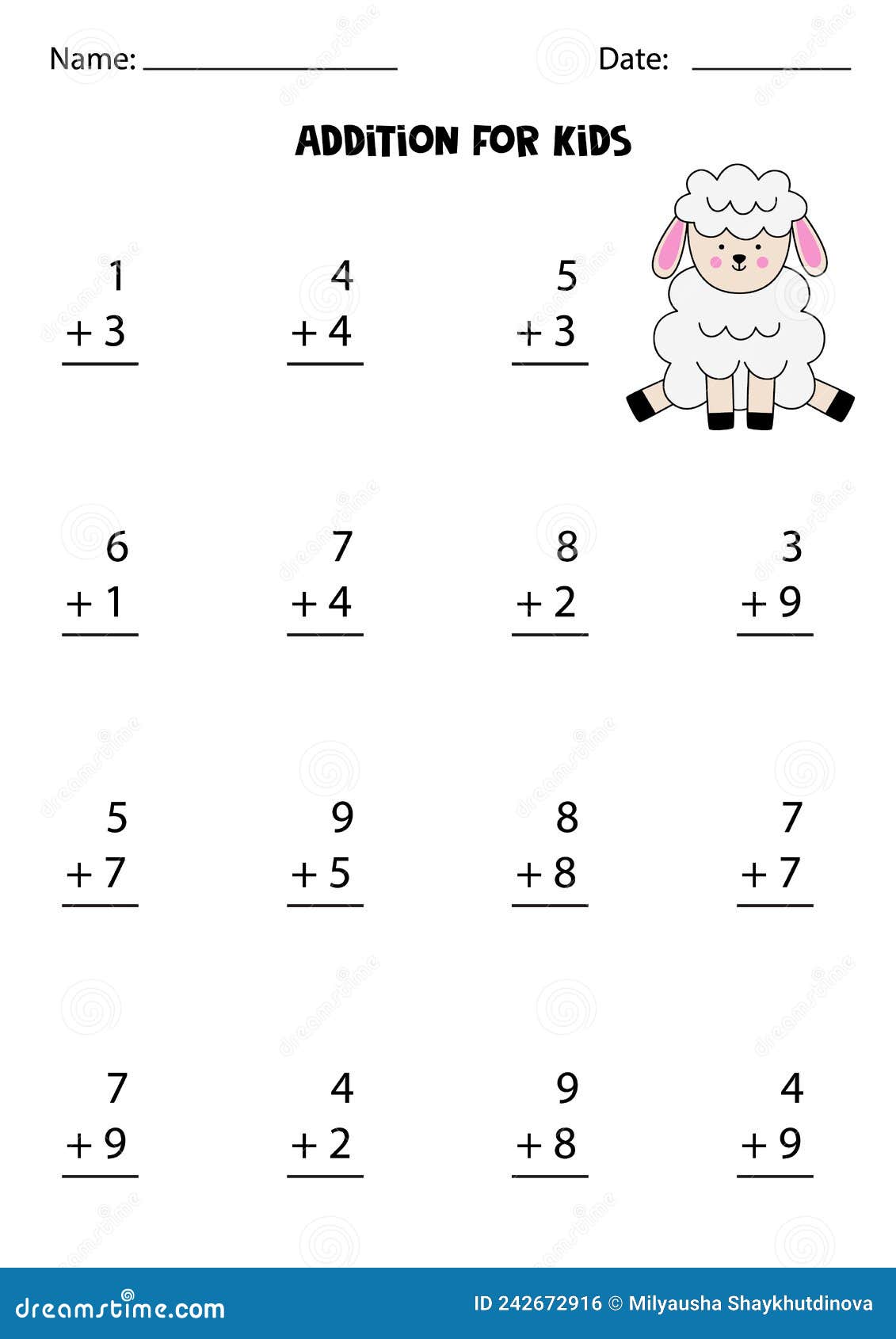 Addition Worksheet with Cute Sheep. Math Game. Stock Vector ...