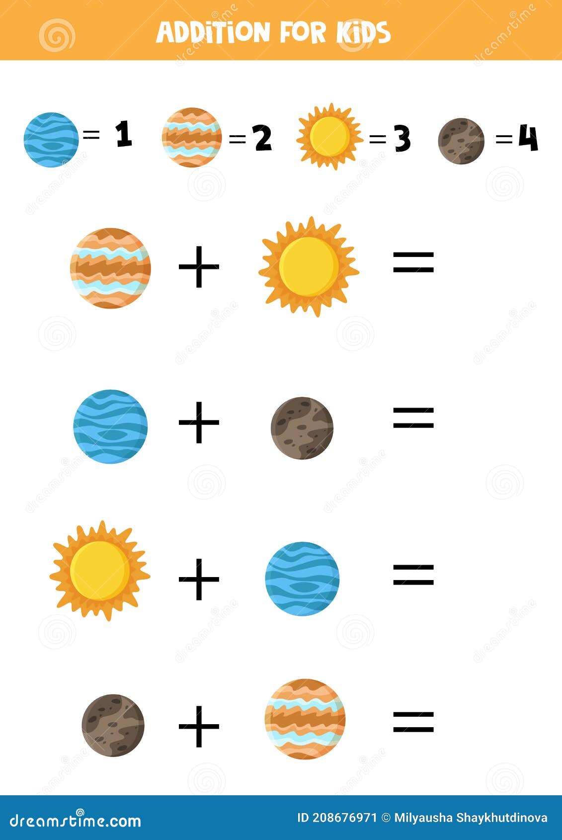 Addition Worksheet with Different Planets and Sun. Math Game. Stock ...