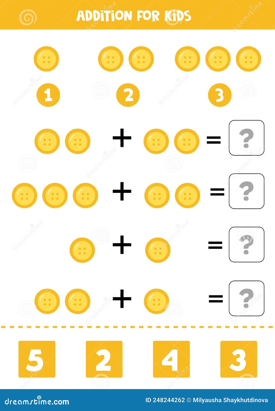 Addition for Kids with Cute Yellow Button. Stock Vector - Illustration ...