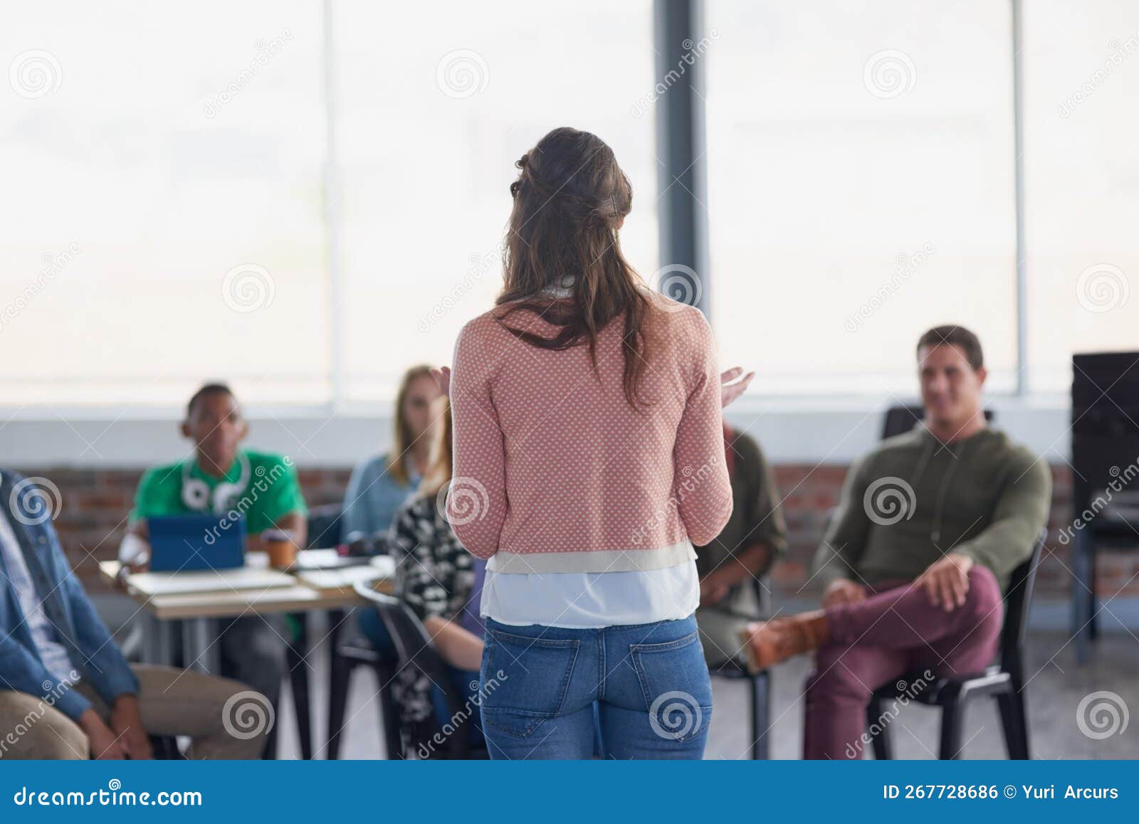 Addressing Her Group. Rearview Shot of Young University Student ...