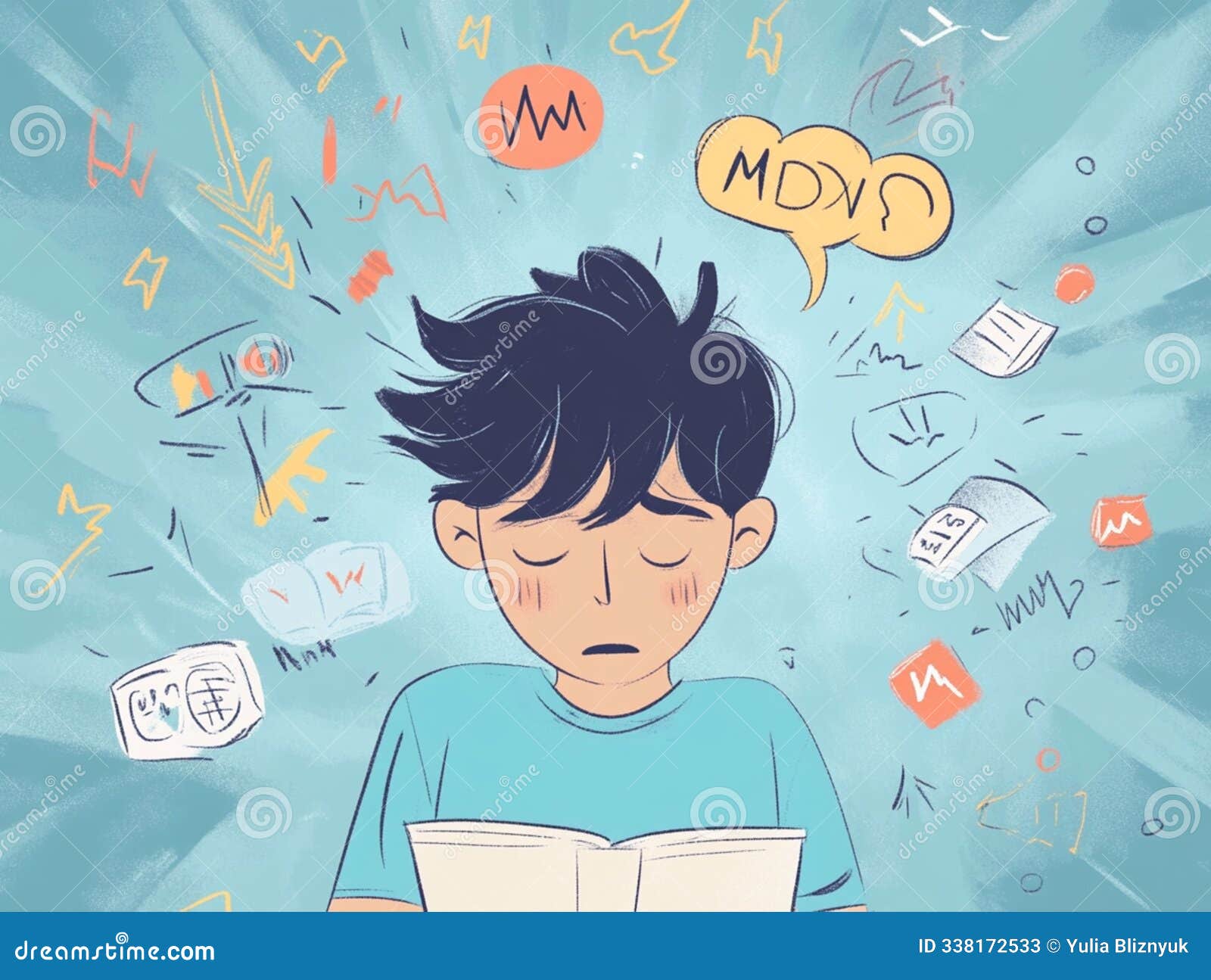 ADHD, the Boy is Reading a Book and Cannot Concentrate on it Stock ...