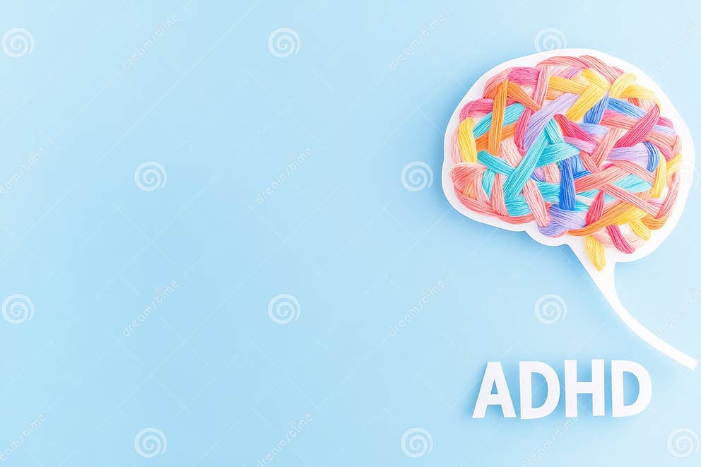 ADHD Concept with Colorful Tangled String Ball on Blue Background Stock ...
