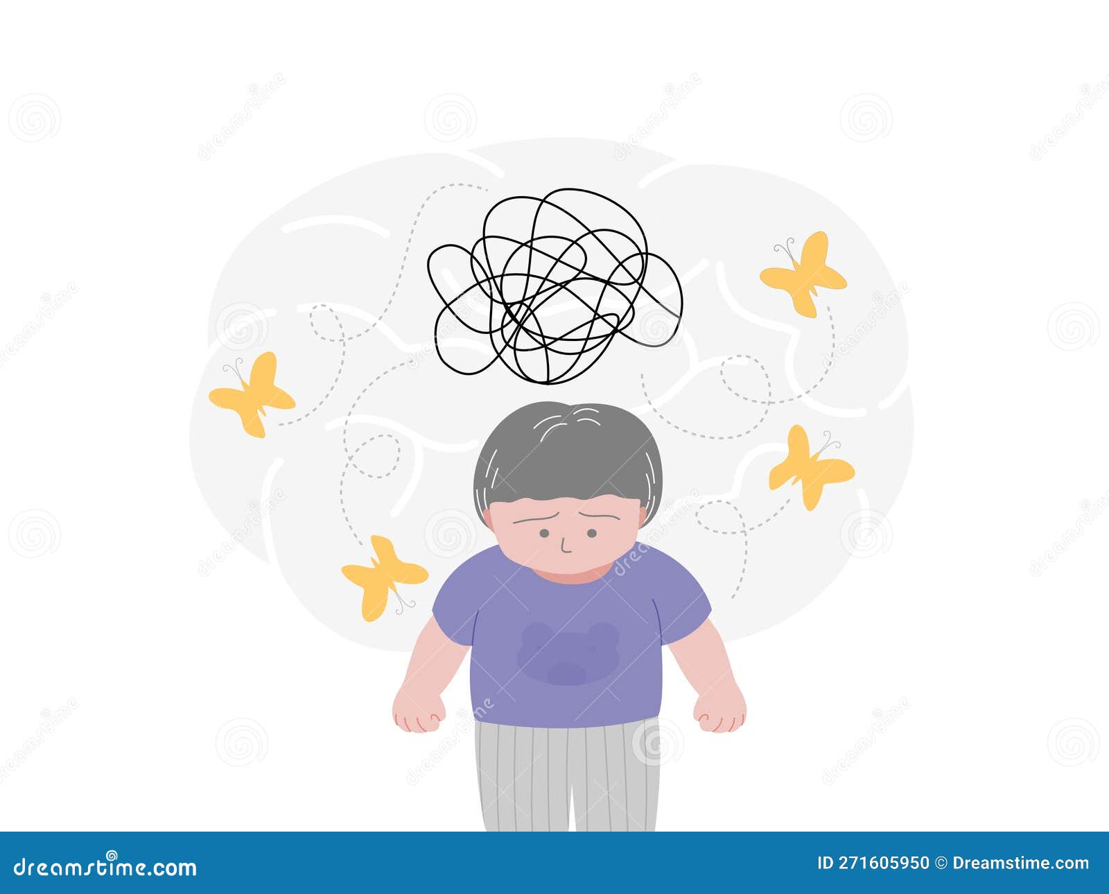 ADHD Kid with Stress Emotion Sign and Butterflies, Flat Vector ...