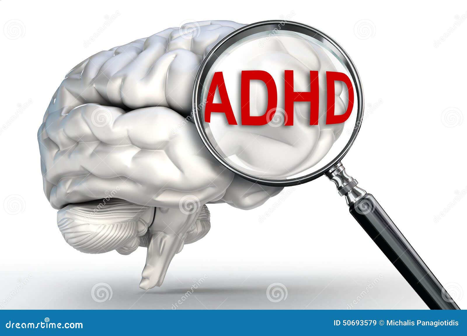 Adhd Word On Magnifying Glass And Human Brain Stock Illustration ...