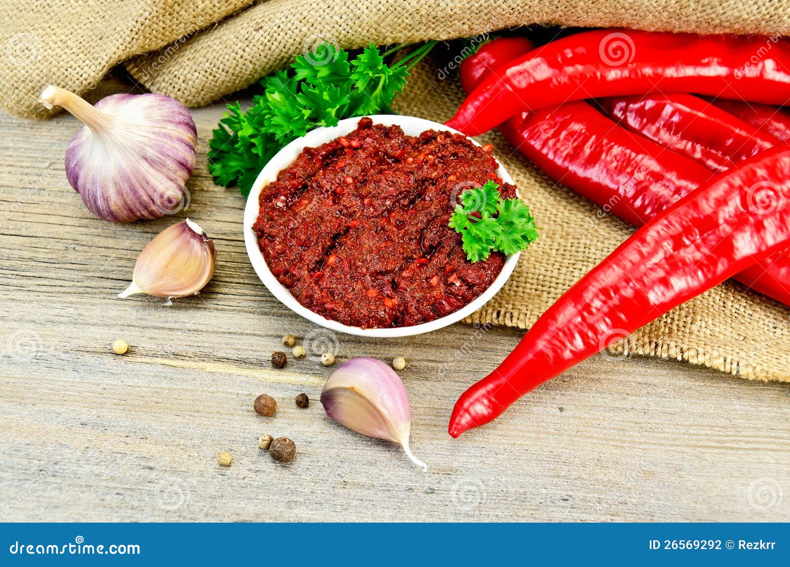 Adjika with Fresh Peppers on Sacking Stock Photo - Image of peppercorns ...