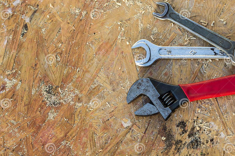 Adjustable Wrench, Spanner Tools on Wooden Table Stock Photo - Image of ...
