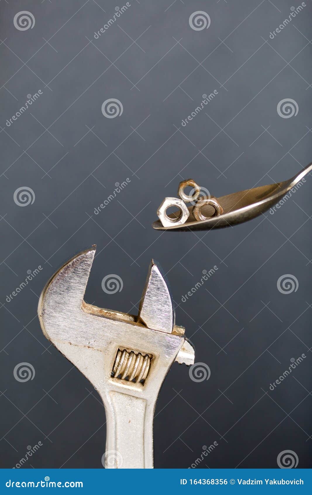 Adjustable Wrench and Spoon with Nut. Imitation of Spoon Feeding Stock ...