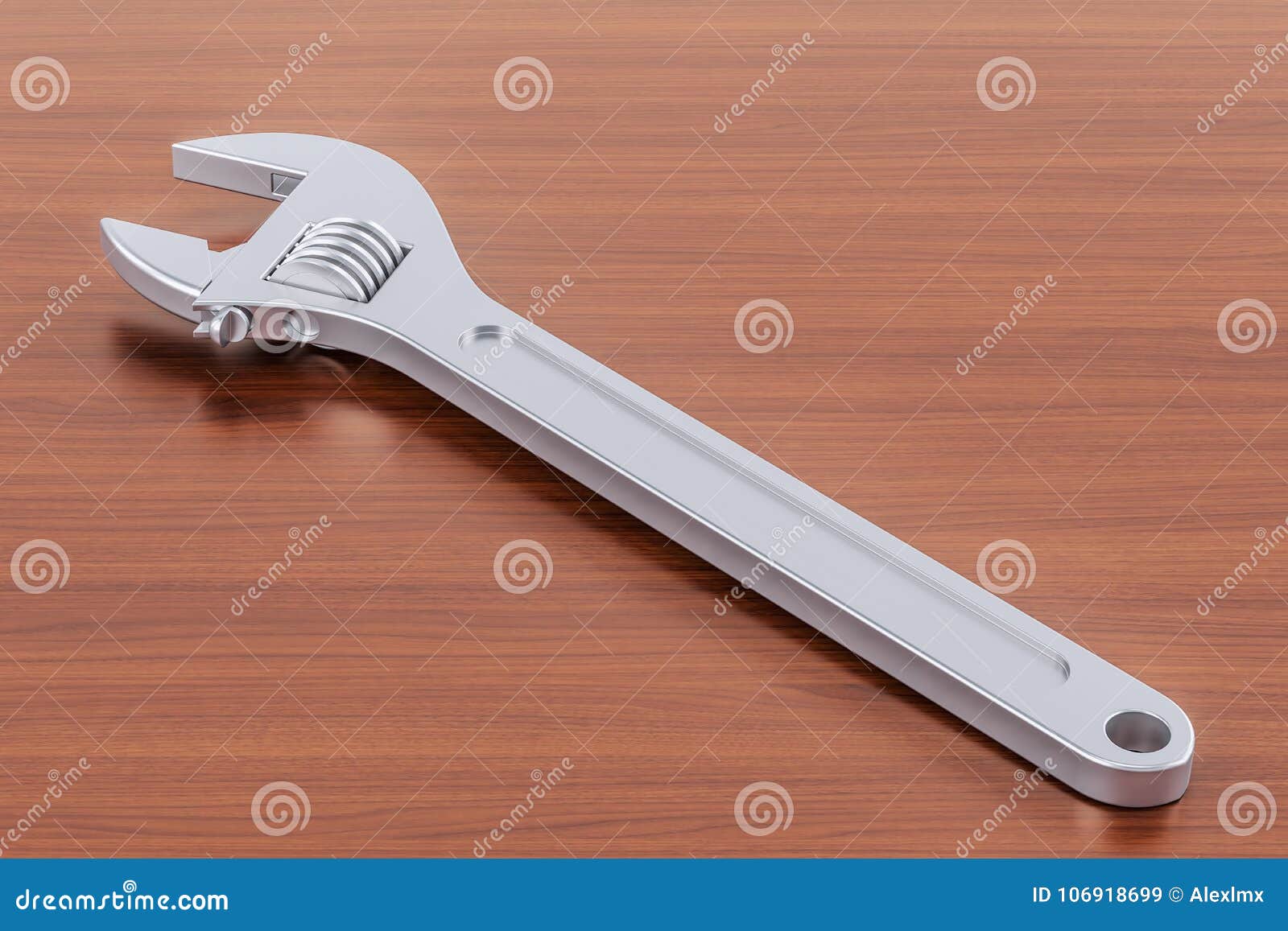 Adjustable Wrench on the Wooden Table. 3D Rendering Stock Illustration ...