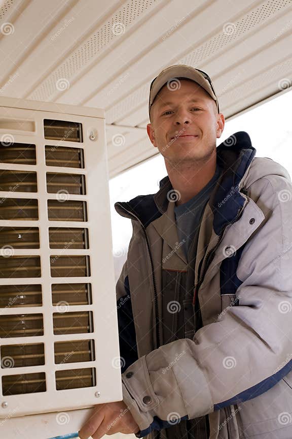 Adjuster Sets a New External Unit Air Conditioner Stock Image - Image ...