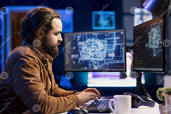 Admin Using Computer for Artificial Intelligence Computing Stock Photo - Image of expert ...