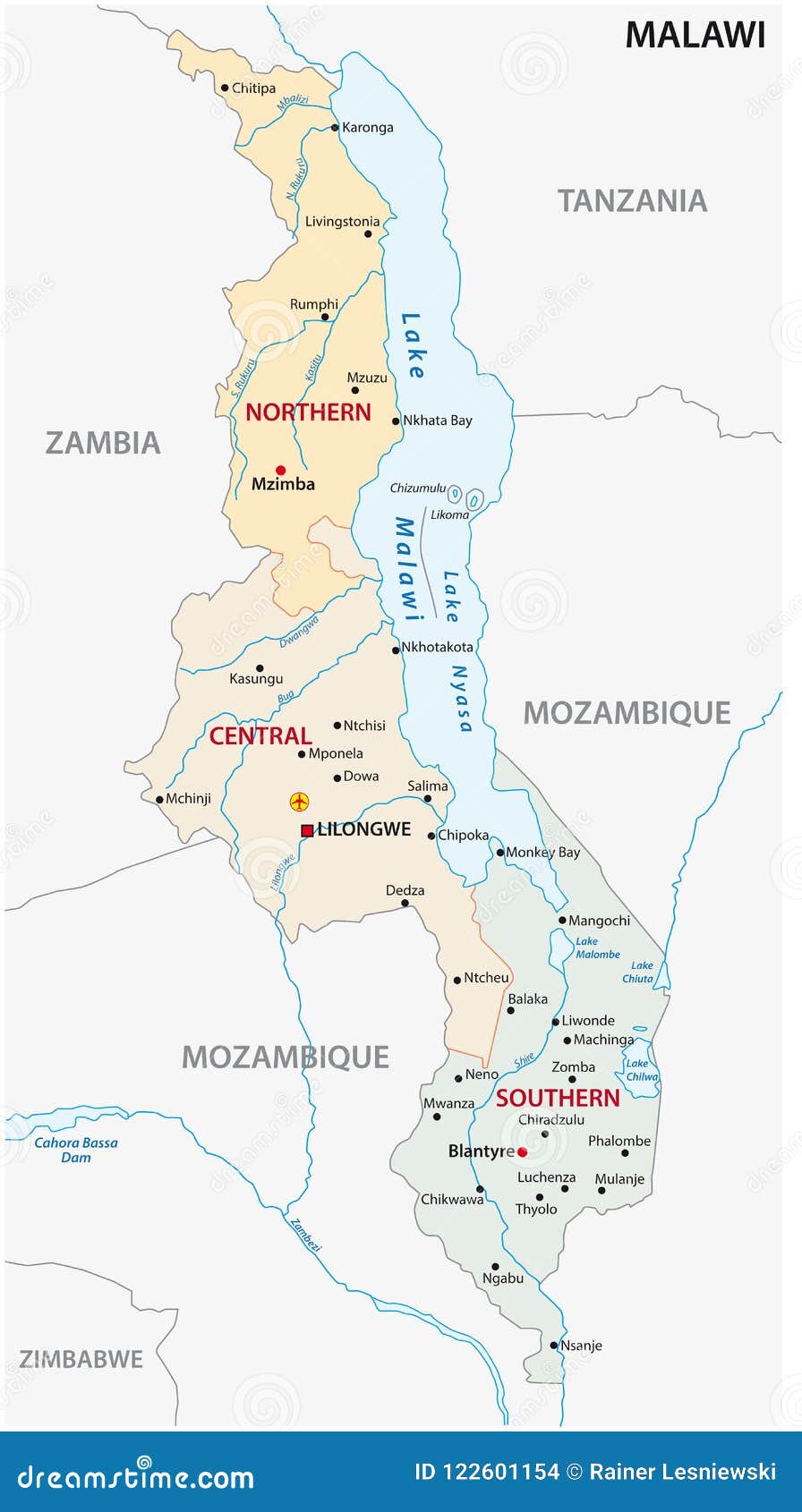 Administrativ De República De Malaui Y Mapa Político Stock de ...