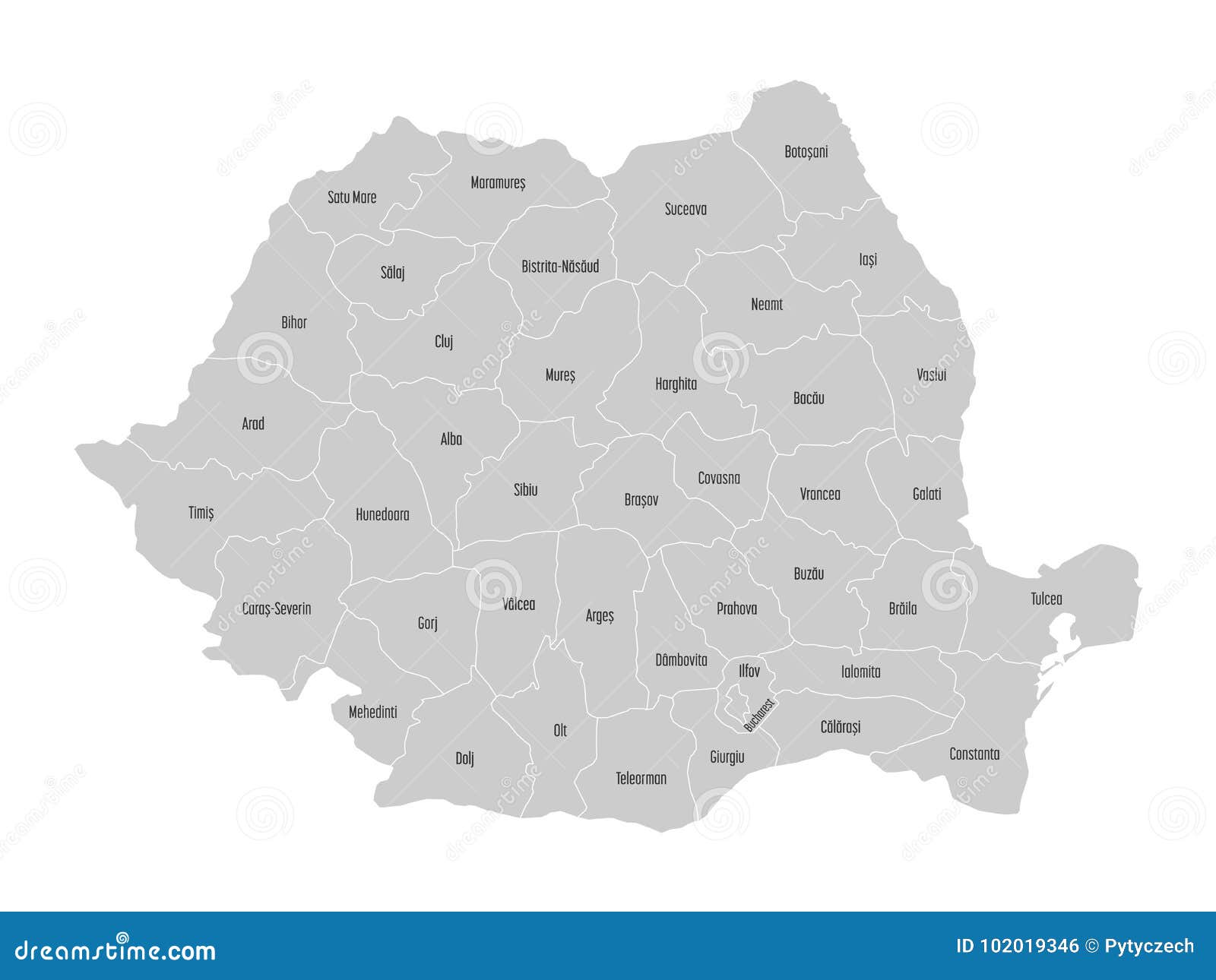 Administrative Counties of Romania. Vector Map with Labels Stock Vector ...