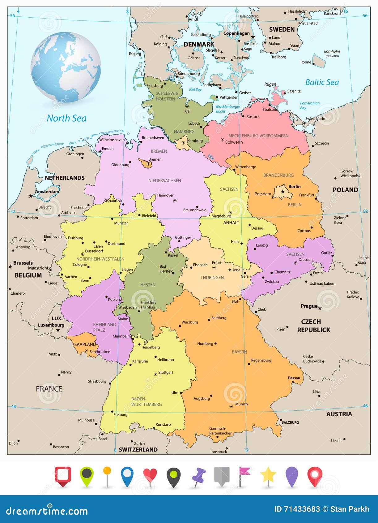 Administrative Divisions Map of Germany with Flat Icons Stock Vector ...