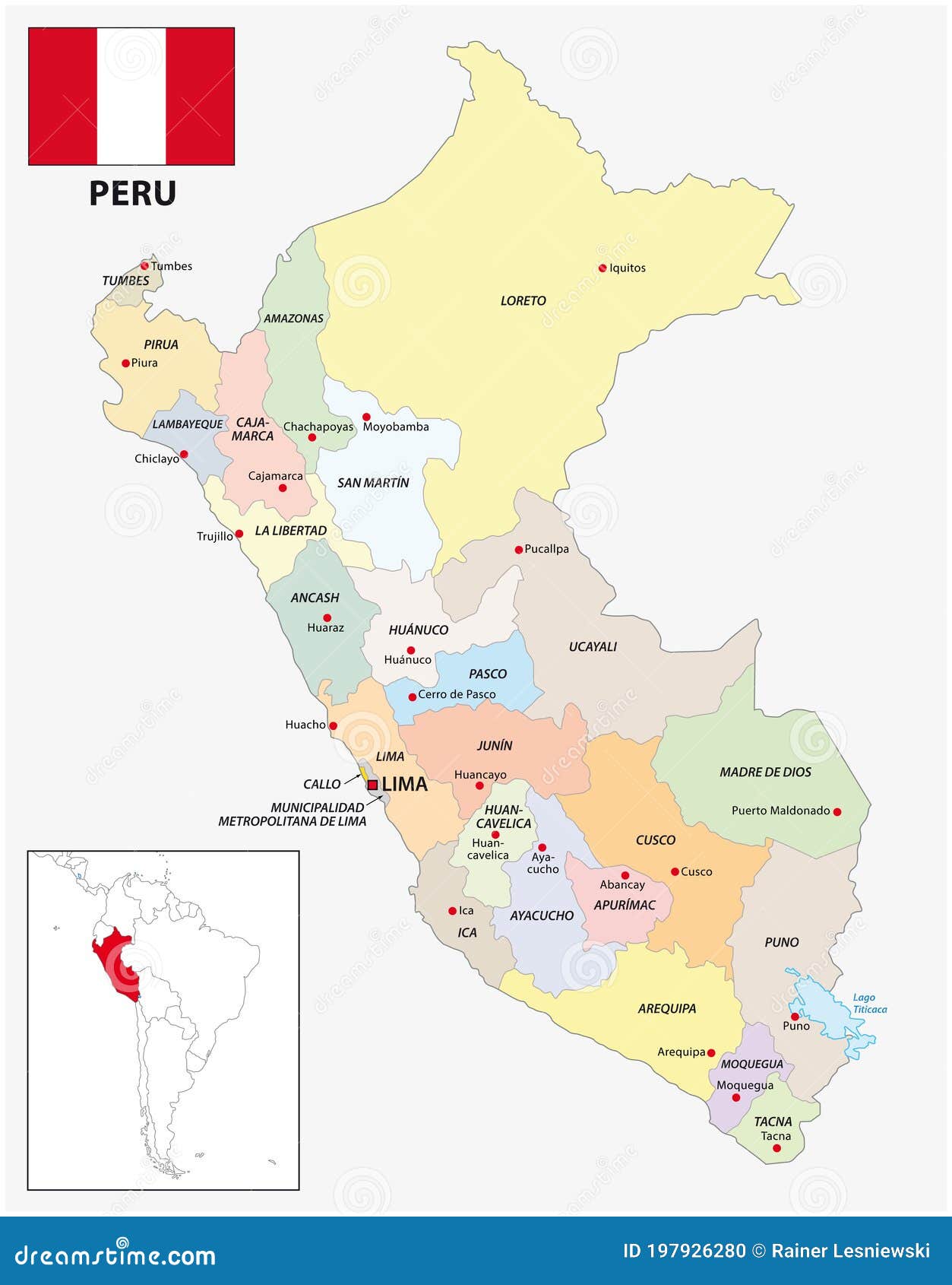 Administrative Divisions Vector Map of Peru with Flag Stock Vector ...