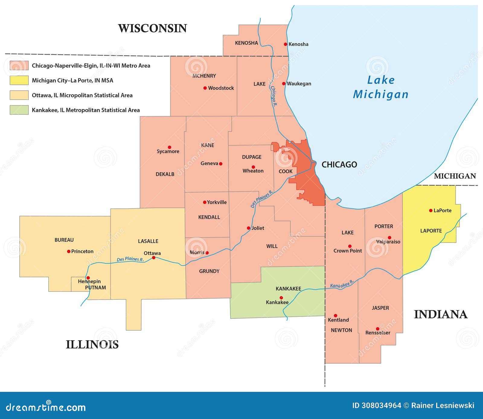 Administrative Vector Map of the Chicago Metropolitan Area Stock Vector ...