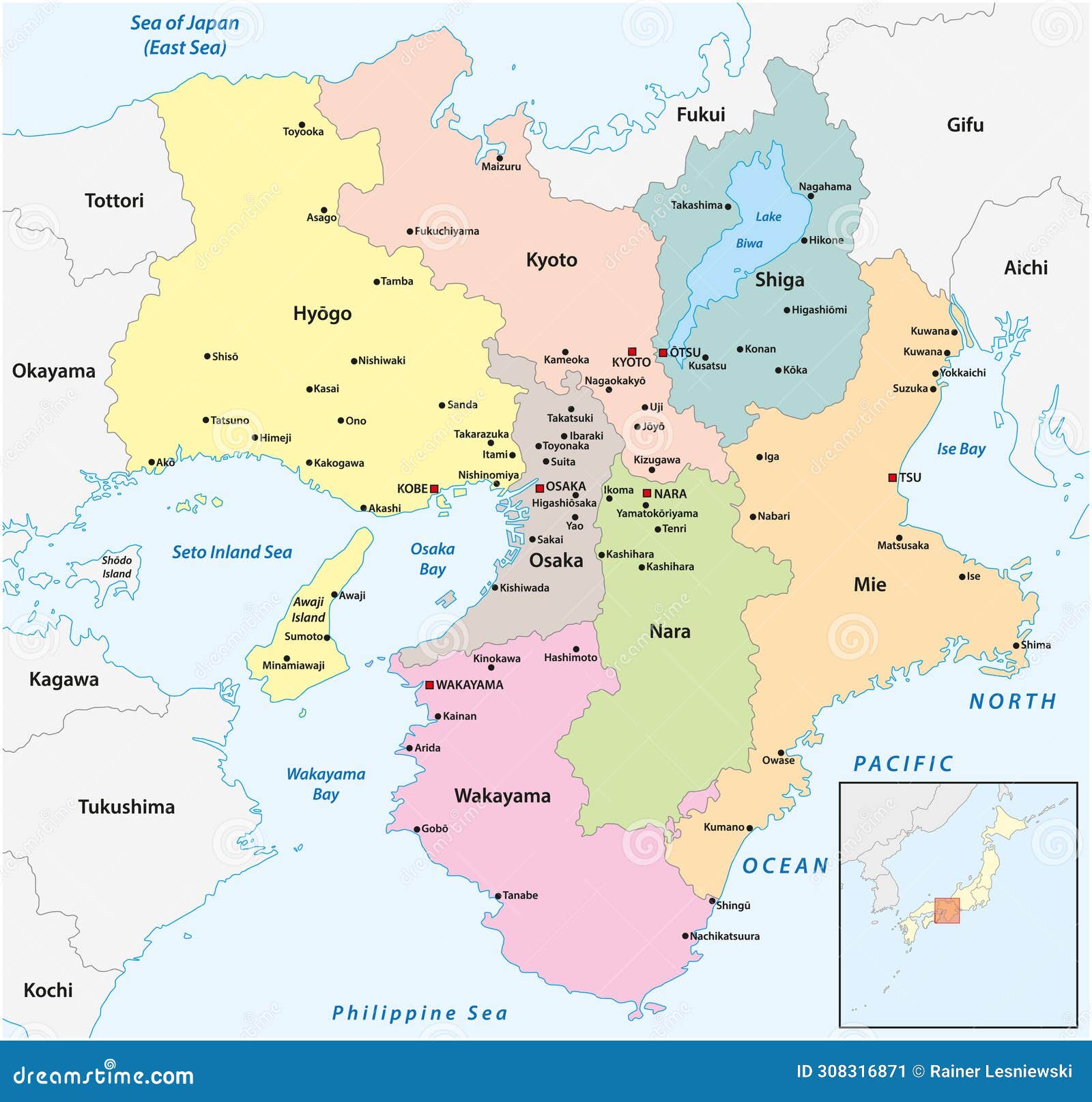 Kansai Region, Or The Kinki Region In Japan, Gray Political Map Vector ...