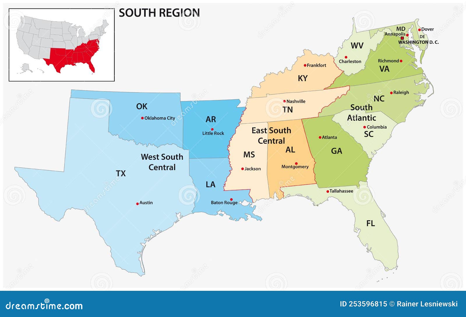Administrative Vector Map of the US Census Region South Stock Vector ...