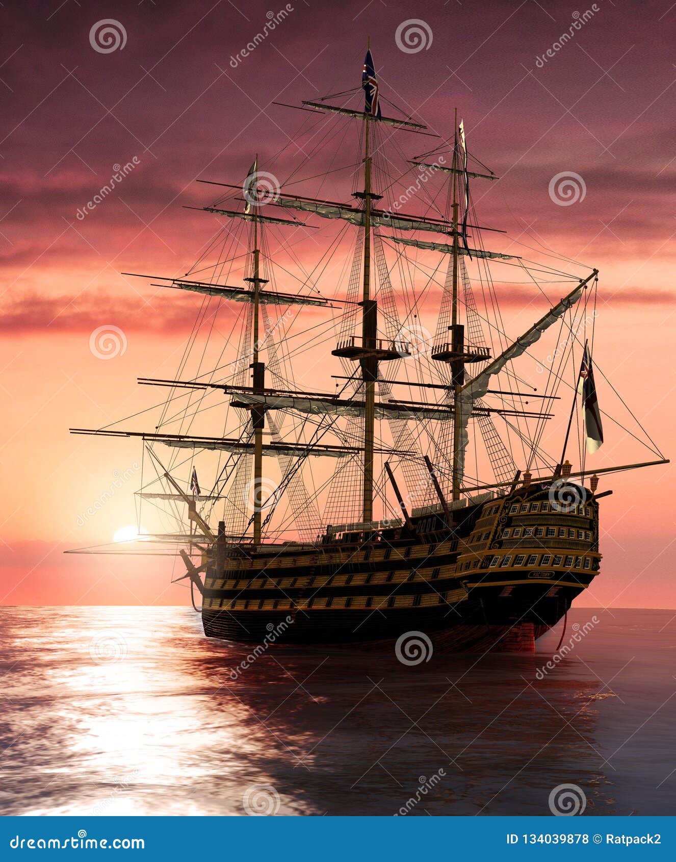 Admiral Nelson Flagship HMS Victory at Sailing into the Sunset Stock ...