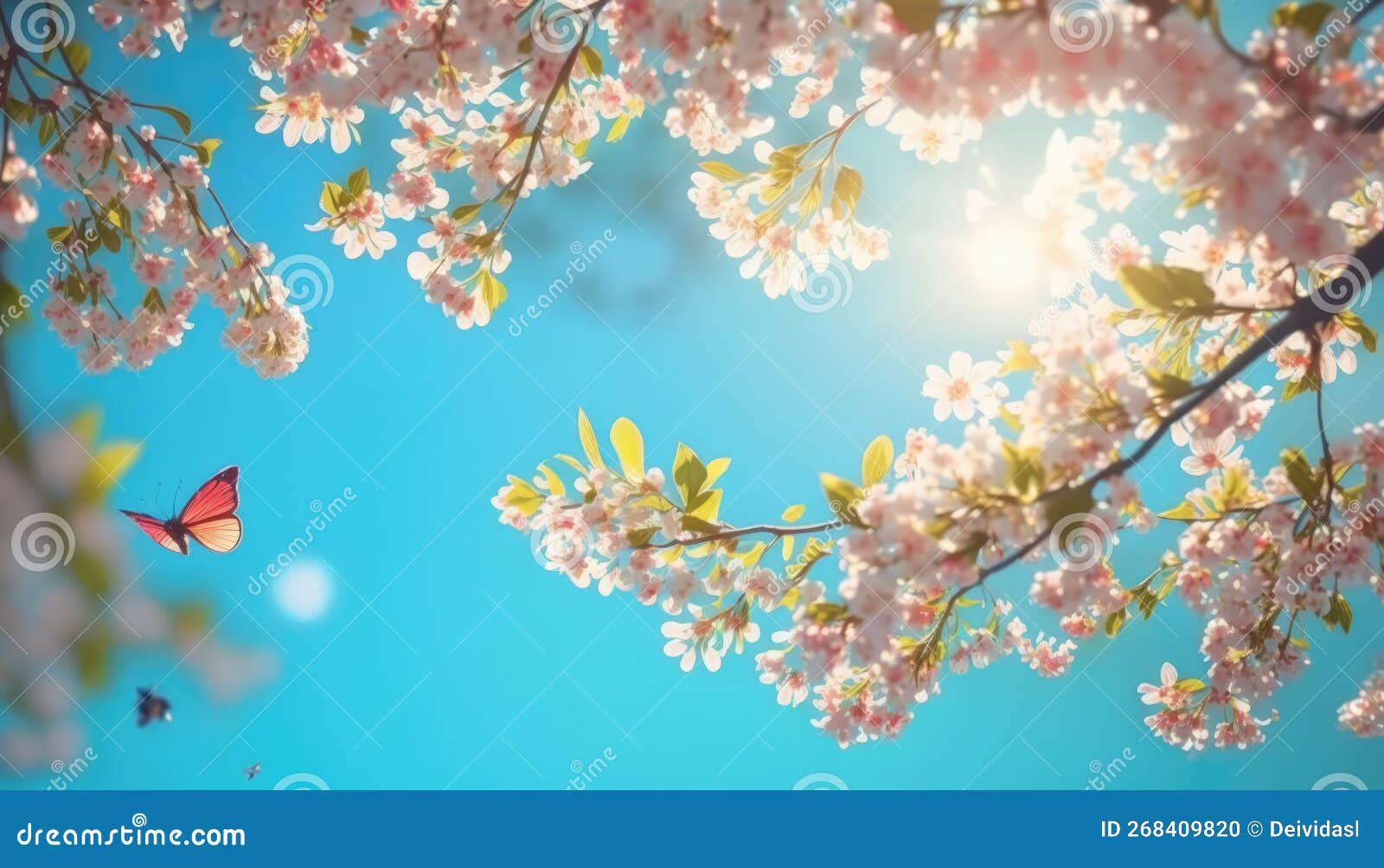 Cherry Blossom Branches, Blue Sky and Fluttering Butterflies in Spring ...