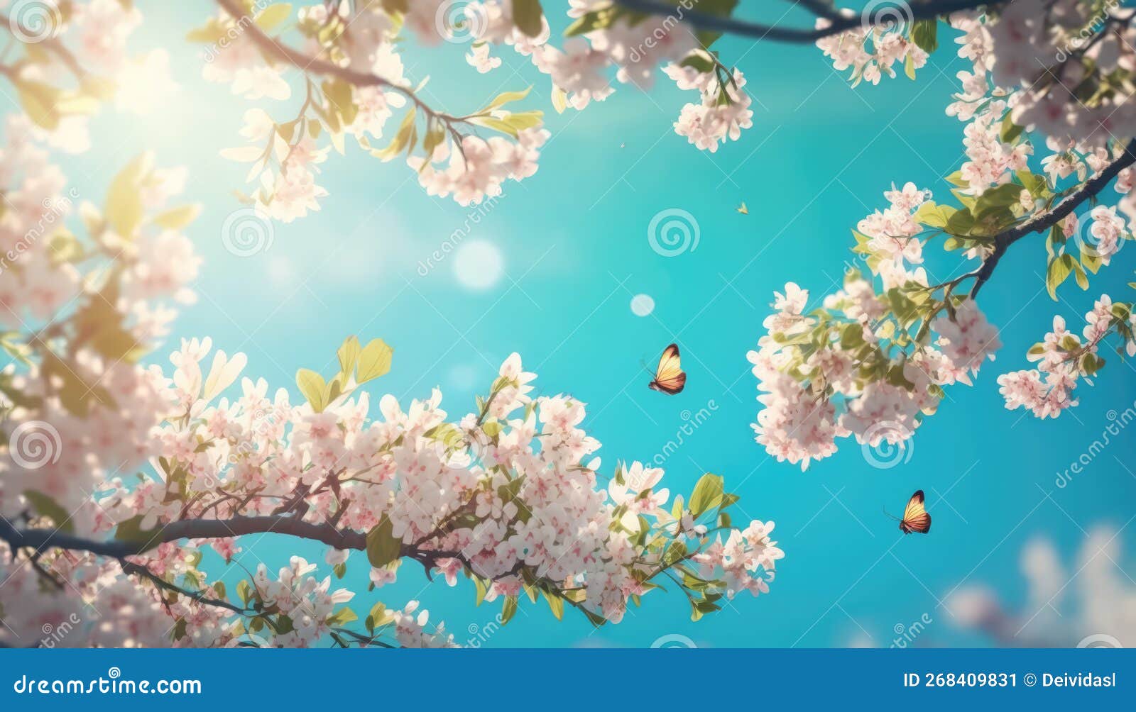 Cherry Blossom Branches, Blue Sky and Fluttering Butterflies in Spring ...