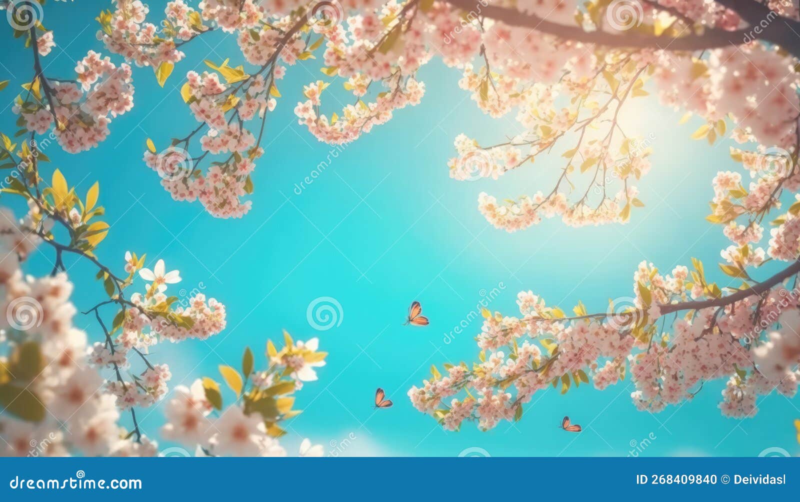 Cherry Blossom Branches, Blue Sky and Fluttering Butterflies in Spring ...