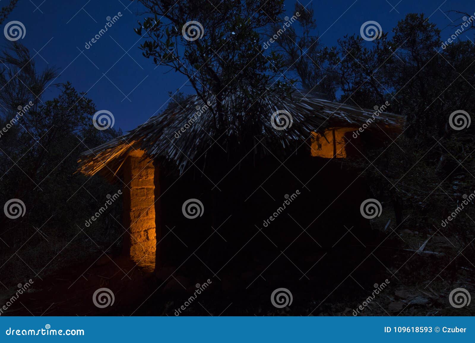 Adobe Hut with Thatched Roof at Night Stock Image - Image of shelter ...
