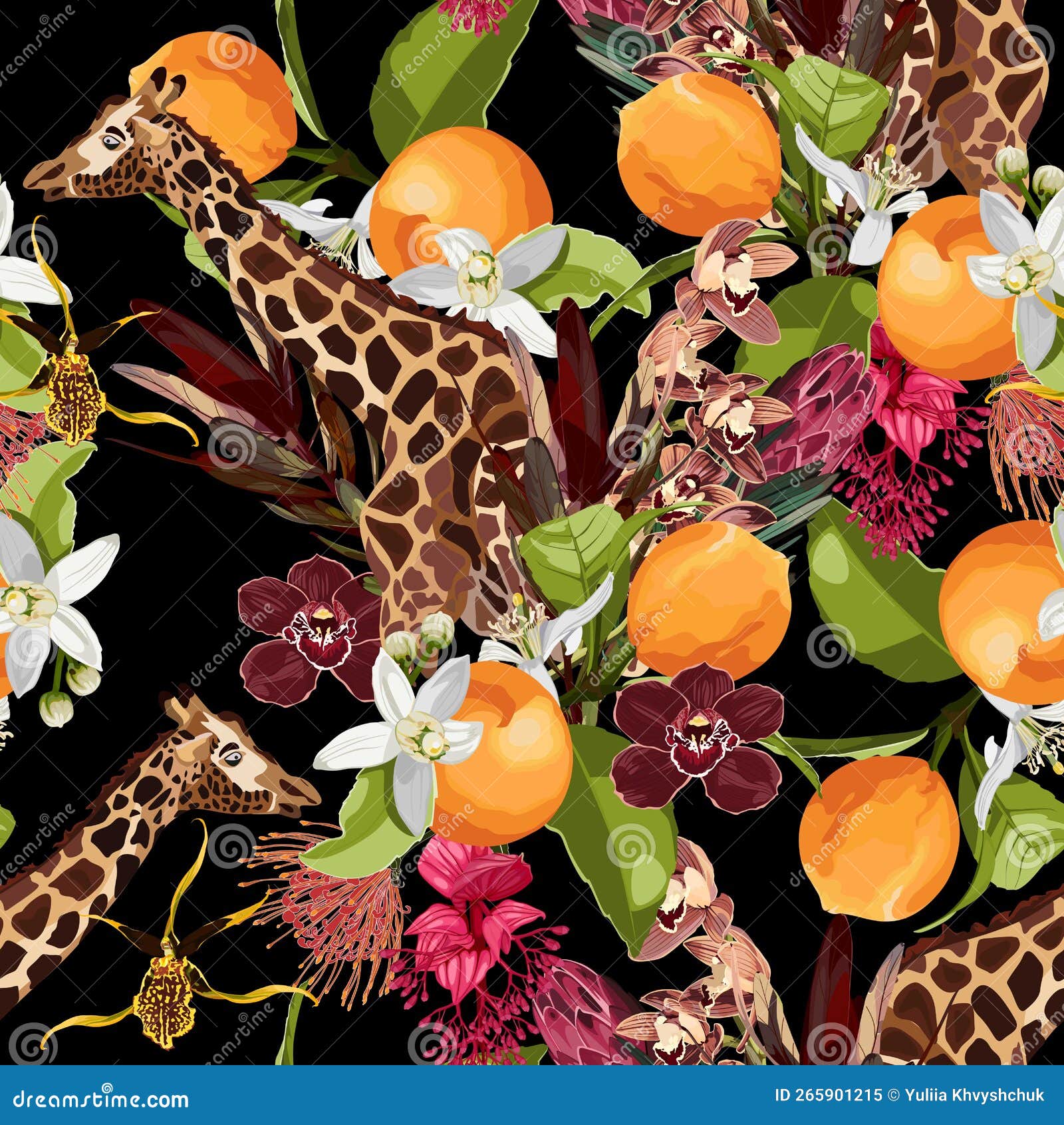 Tropical Wild Animals, Giraffe and Palm Trees, Orange Fruits, Flowers ...