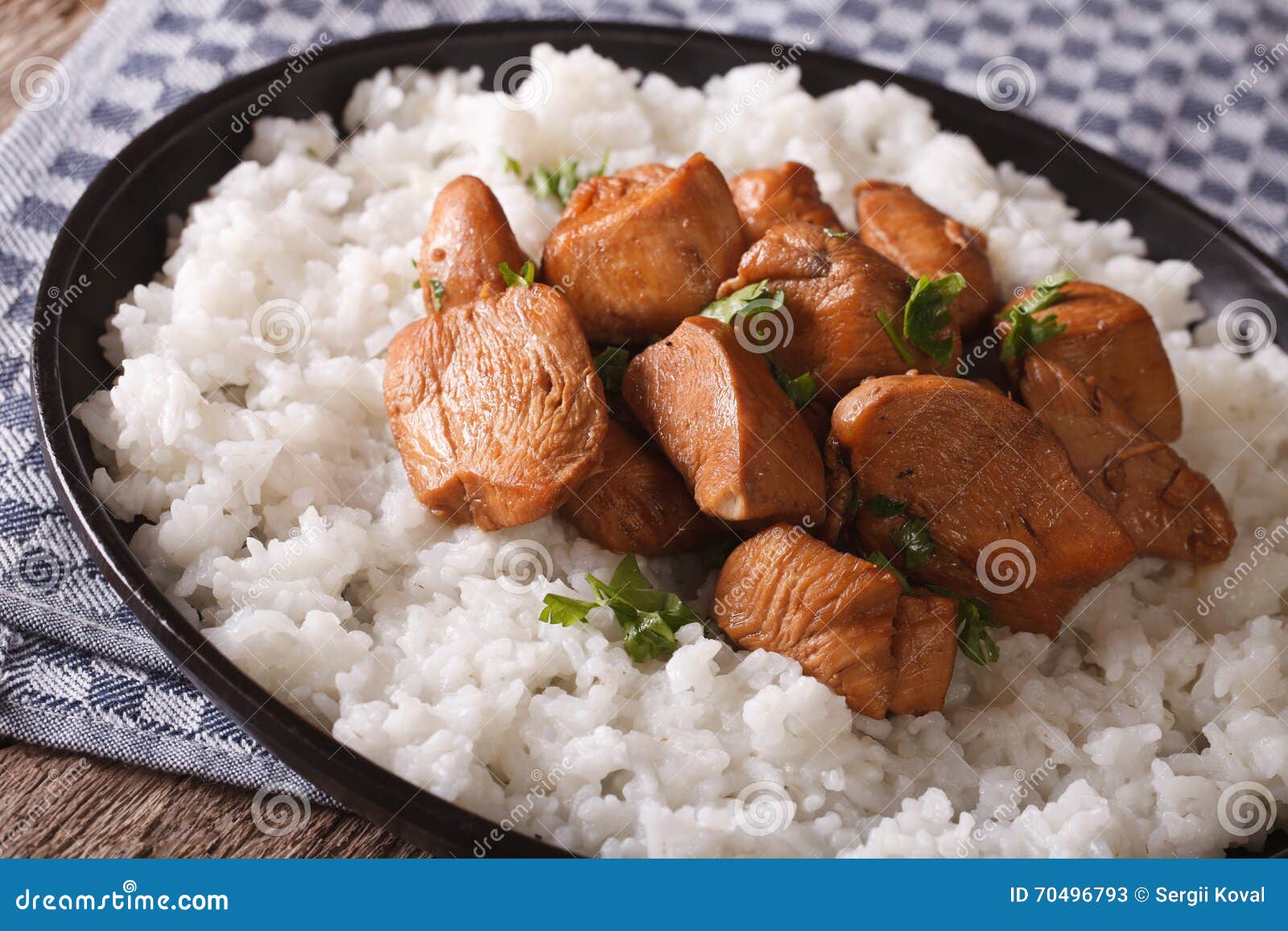 Adobo Chicken with Garnish of Rice Close-up on a Plate. Horizontal ...
