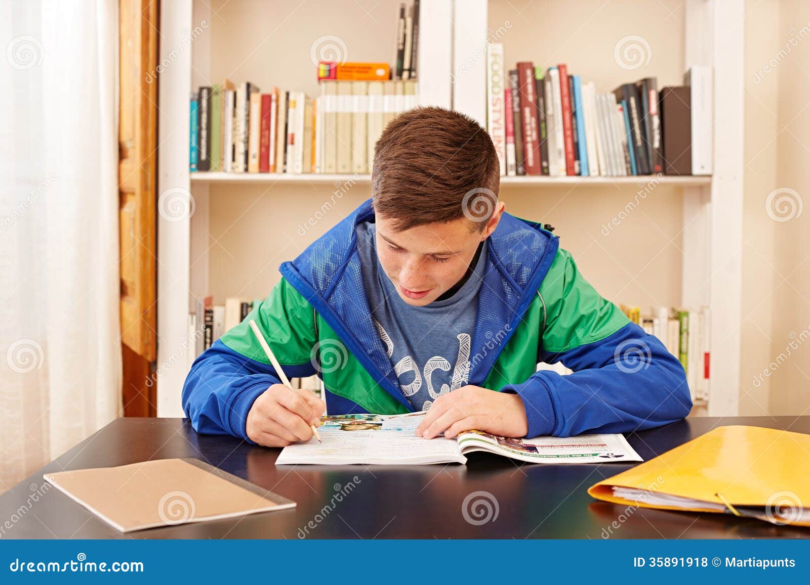 Adolescente Maschio Concentrato Facendo Compito Fotografia Stock ...