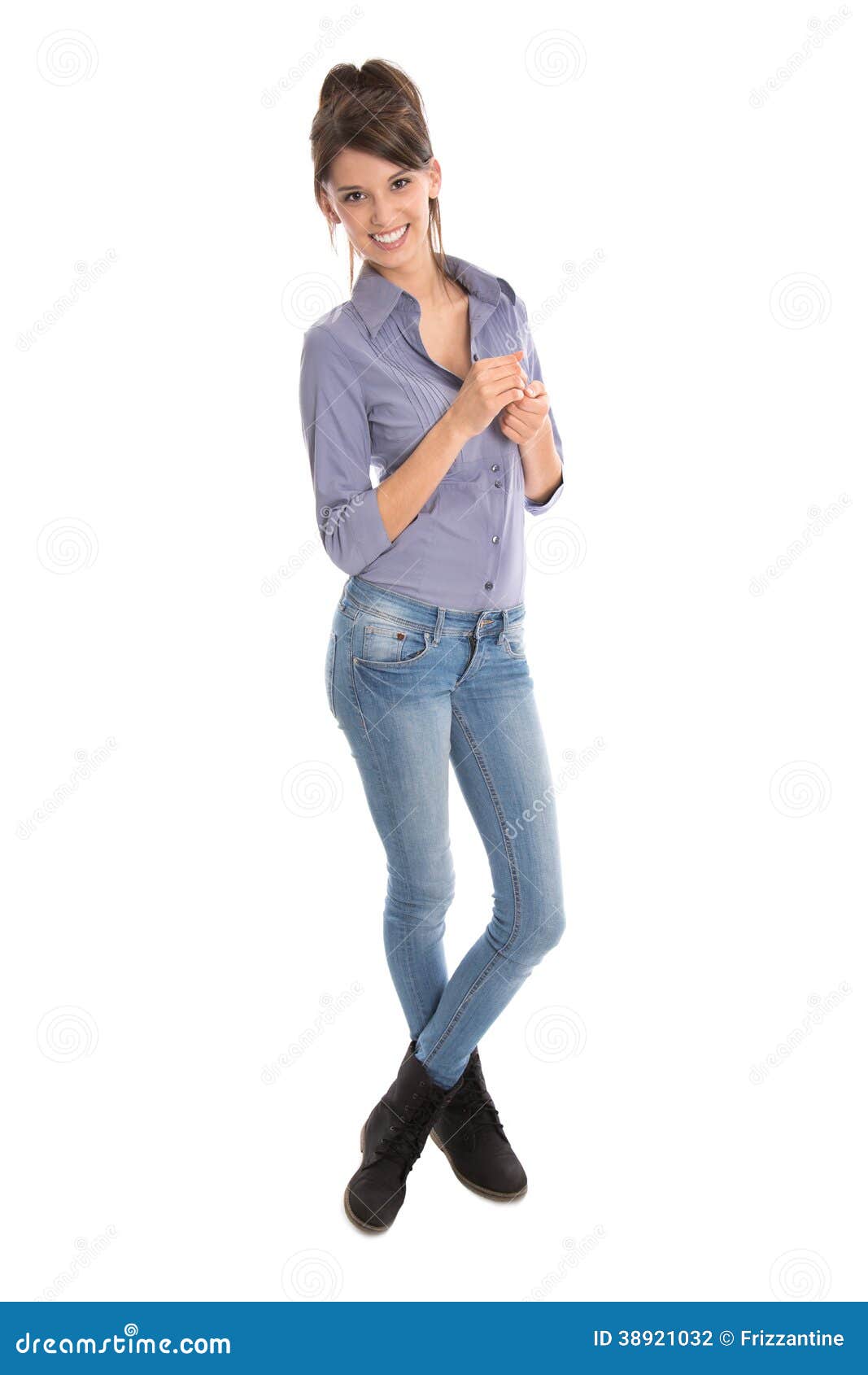 Adolescente Sonriente Feliz En Vaqueros Aislado En Blanco. Foto de ...