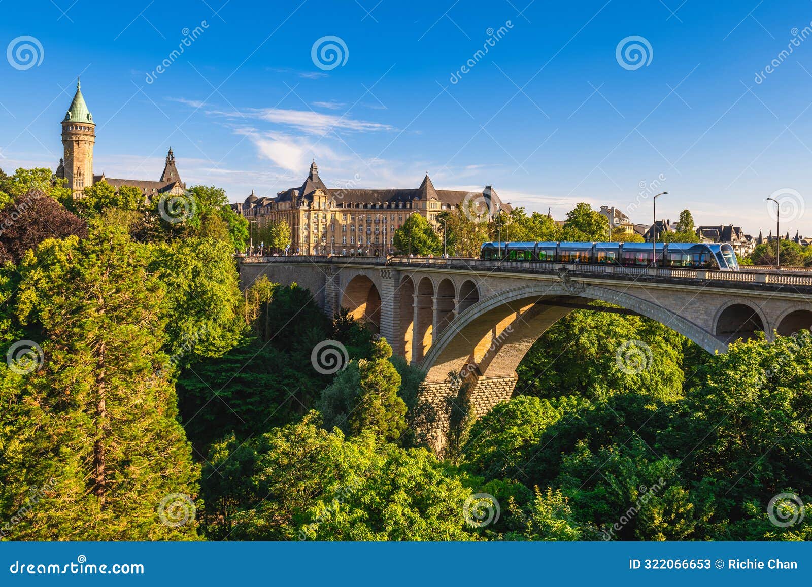 Adolphe Bridge and the Clock Tower in Luxembourg City, Luxembourg Stock ...