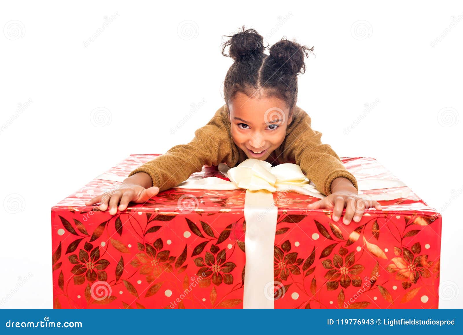 Adorable African American Child Holding Big Gift Box and Smiling at ... Adorable African American Child Holding Big Gift Box and Smiling at ...