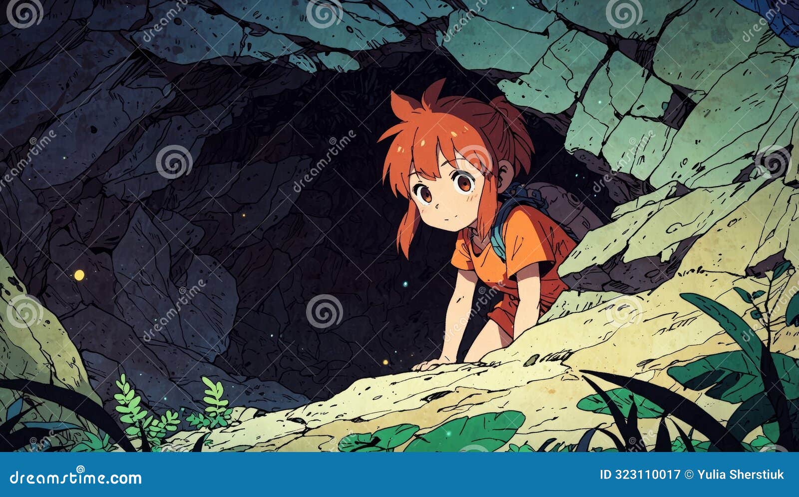 An Adorable Anime Character Exploring a Hidden Cave. Stock Image ...