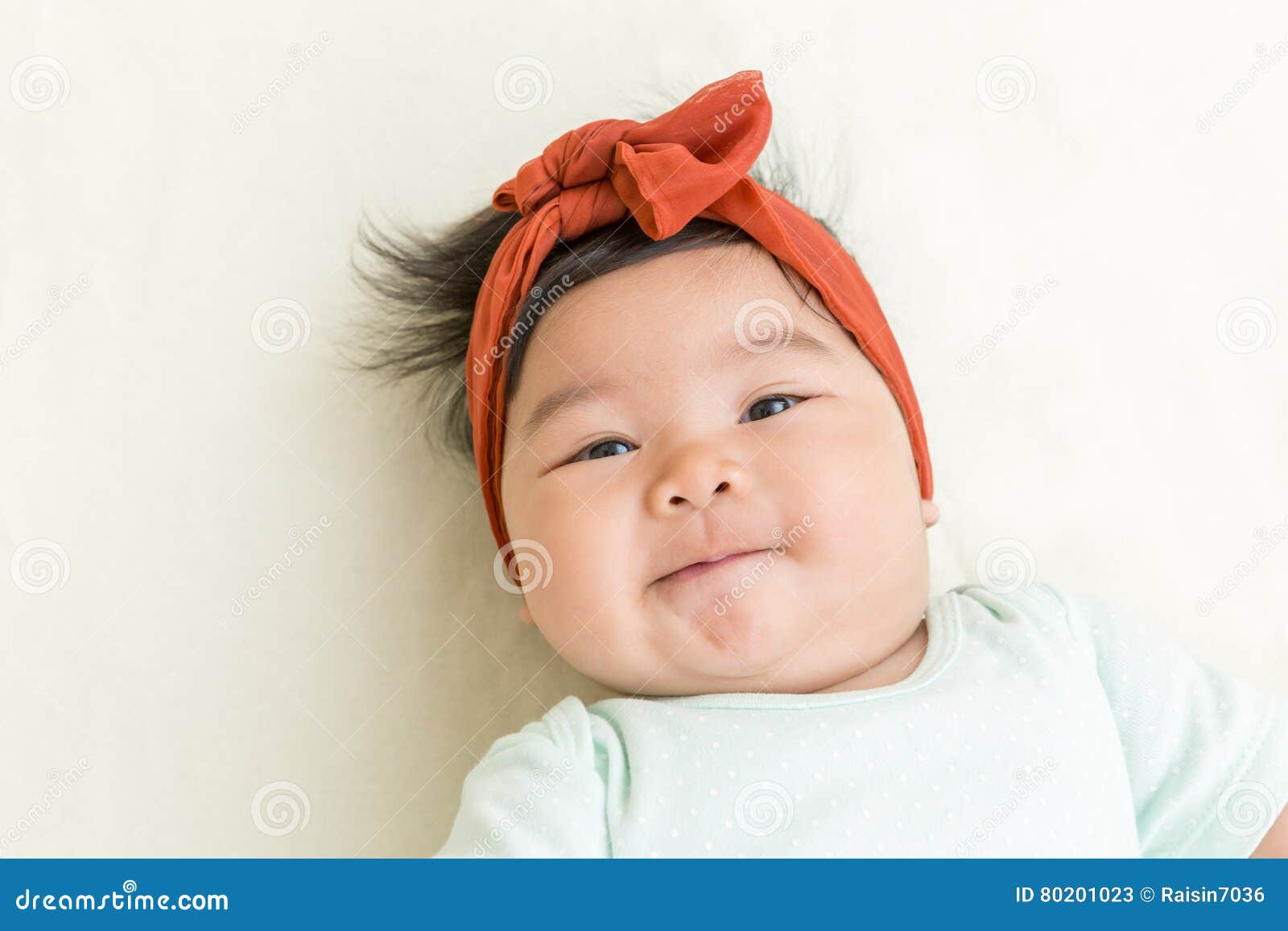 Adorable Asian Baby Smiling on the Bed. Stock Image - Image of copy ...