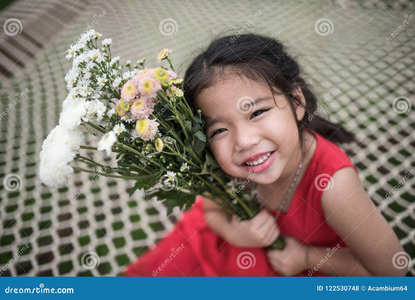 Adorable Asian Gril Kid Red Gressing with Flowers Stock Photo - Image ...